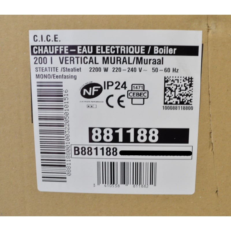 C.I.C.E - Chauffe-Eau Electrique 200L Stéatite Vertical Mural - 881188