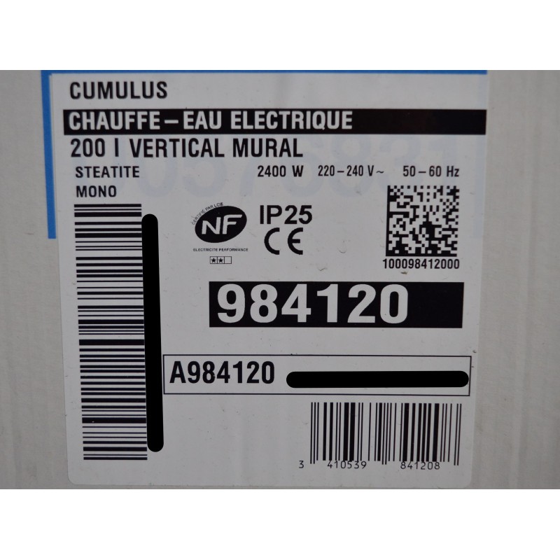CUMULUS - Chauffe-Eau 200L Stéatite Vertical Mural Monophasé 984120