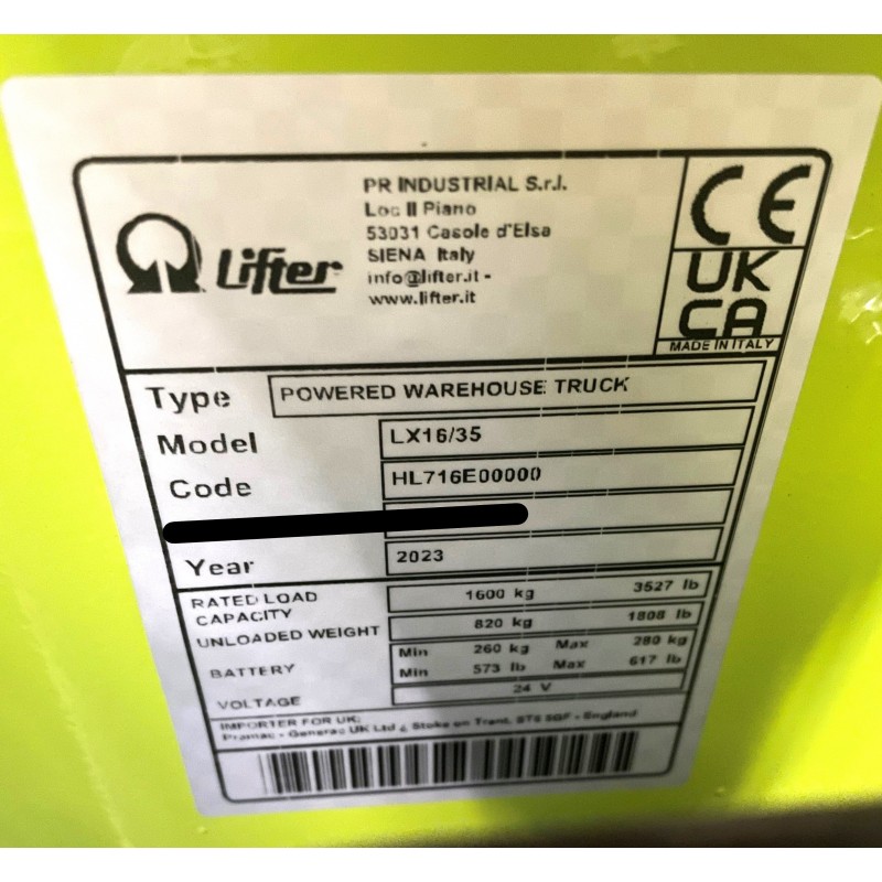 LIFTER by PRAMAC - Gerbeur Elévateur Electrique Charge 1600kg LX16/35