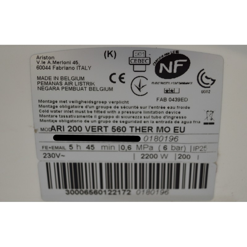 ARISTON - Chauffe-Eau Electrique 200L Initio Vertical Mural - 3000656