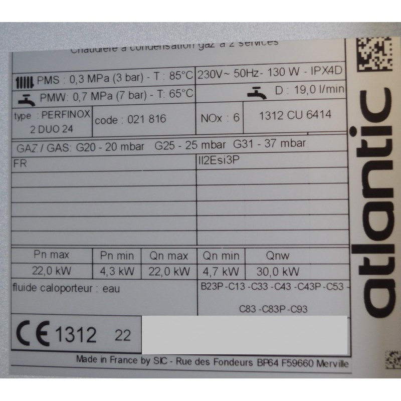 ATLANTIC - Chaudière Gaz à condensation 24kW Sol ECS 105 L - 021816